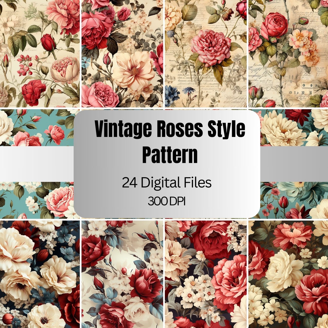 Printable Vintage Roses Digital Paper Shabby Chic Seamless - Etsy
