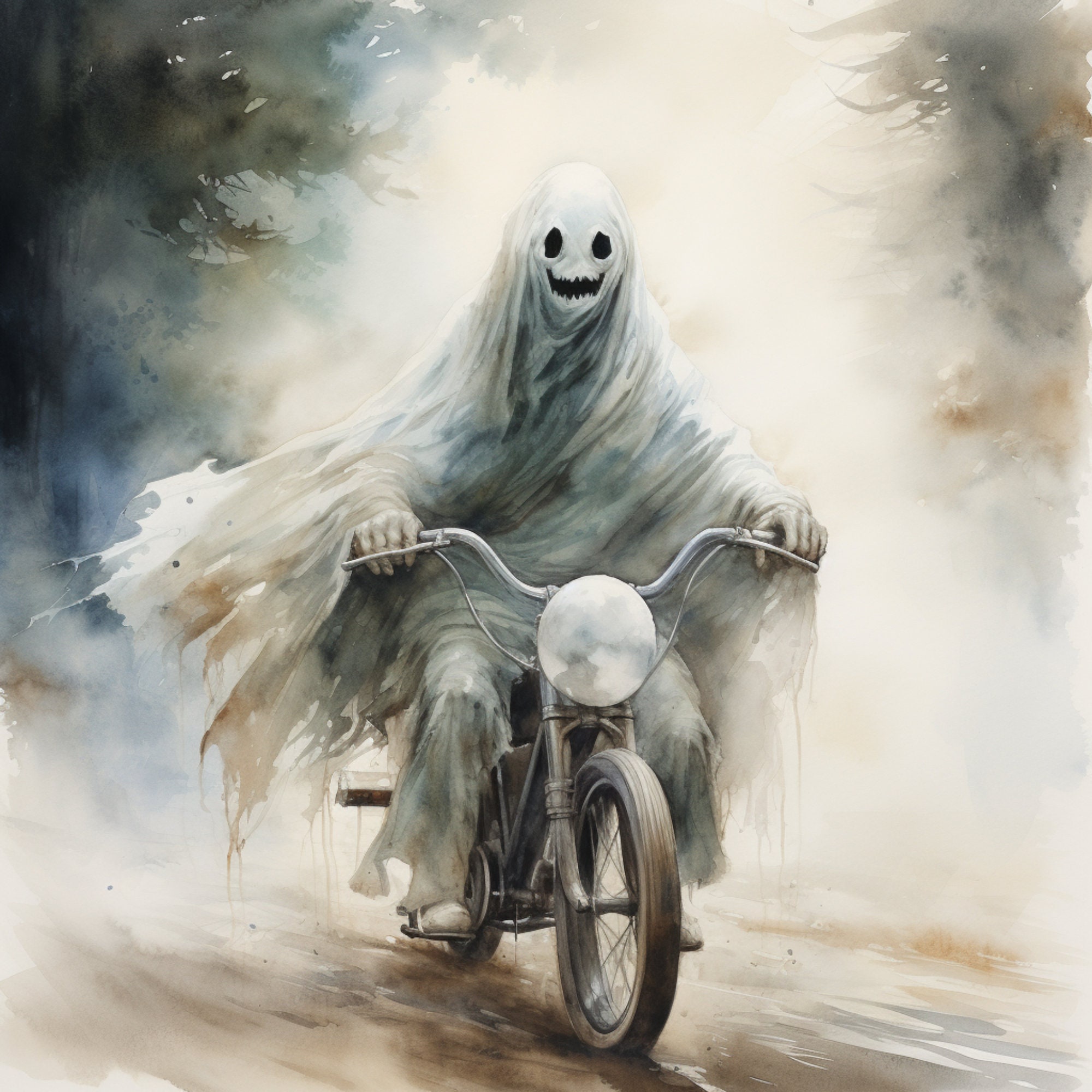 Ghost on the Bike Poster, Sheeted Ghost Art Print, Little Ghostface ...