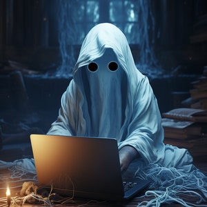 Ghost & Computer Poster, Sheeted Ghost Art Print, Little Ghostface ...