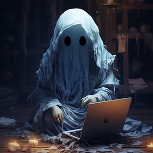 Ghost & Computer Poster, Sheeted Ghost Art Print, Little Ghostface ...
