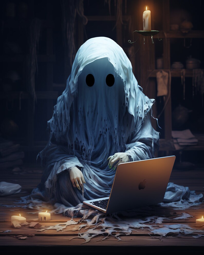 Ghost & Computer Poster, Sheeted Ghost Art Print, Little Ghostface ...
