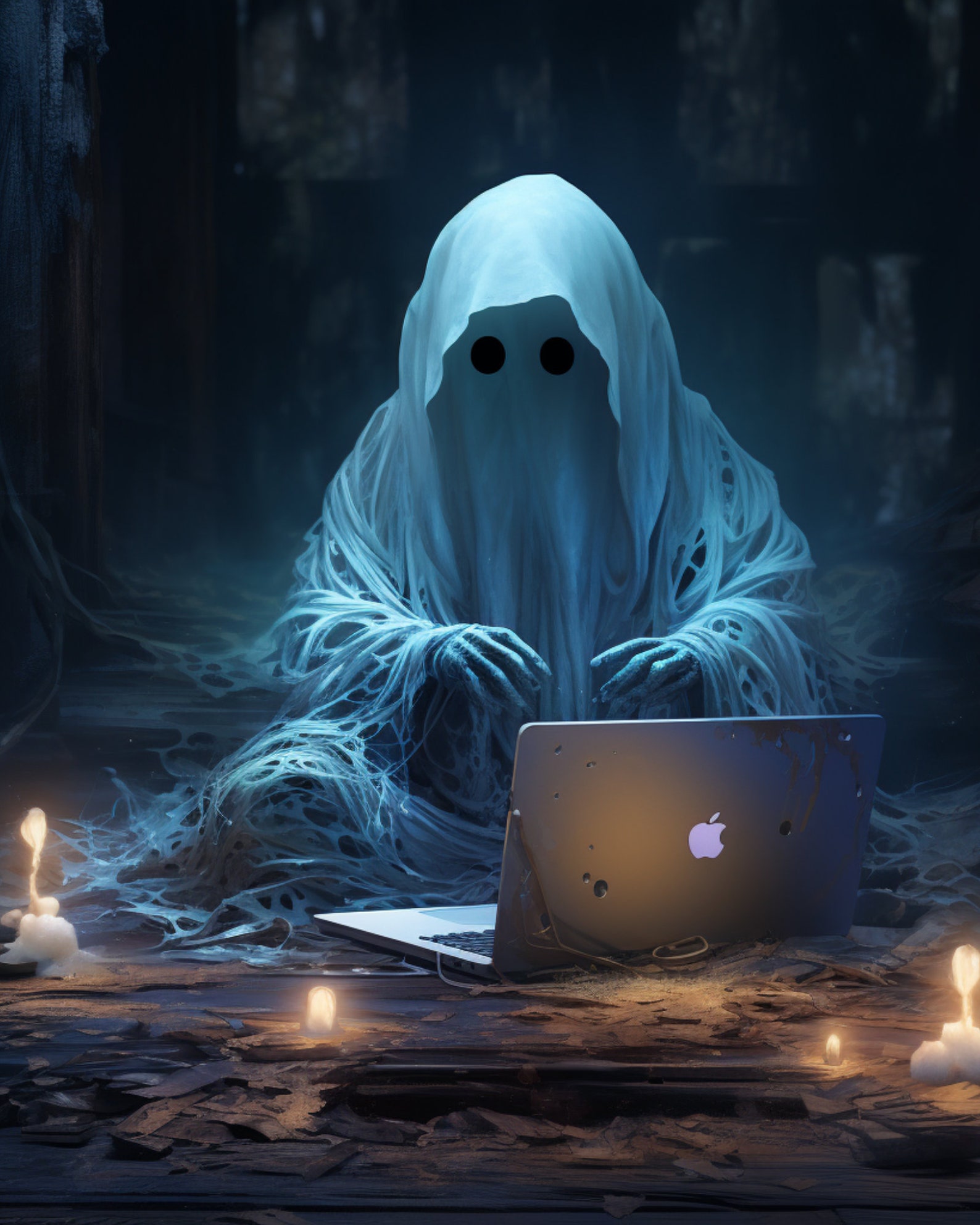 Ghost & Computer Poster, Sheeted Ghost Art Print, Little Ghostface ...