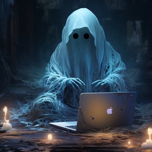 Ghost & Computer Poster, Sheeted Ghost Art Print, Little Ghostface ...