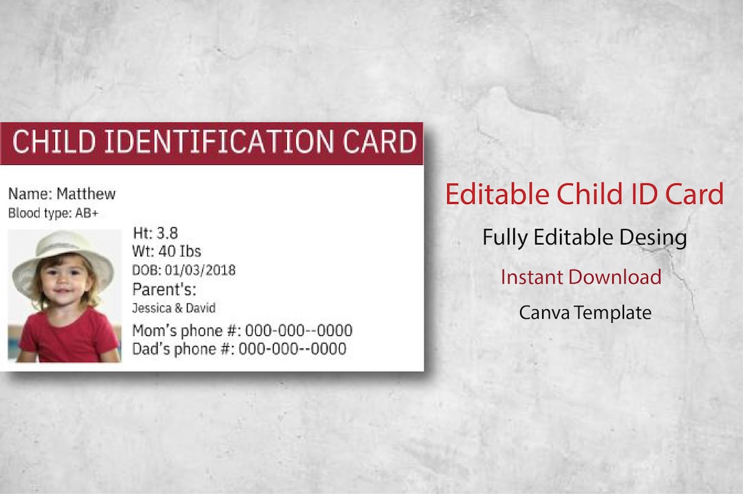 Fully Editable Child ID Card Template Printable Child - Etsy