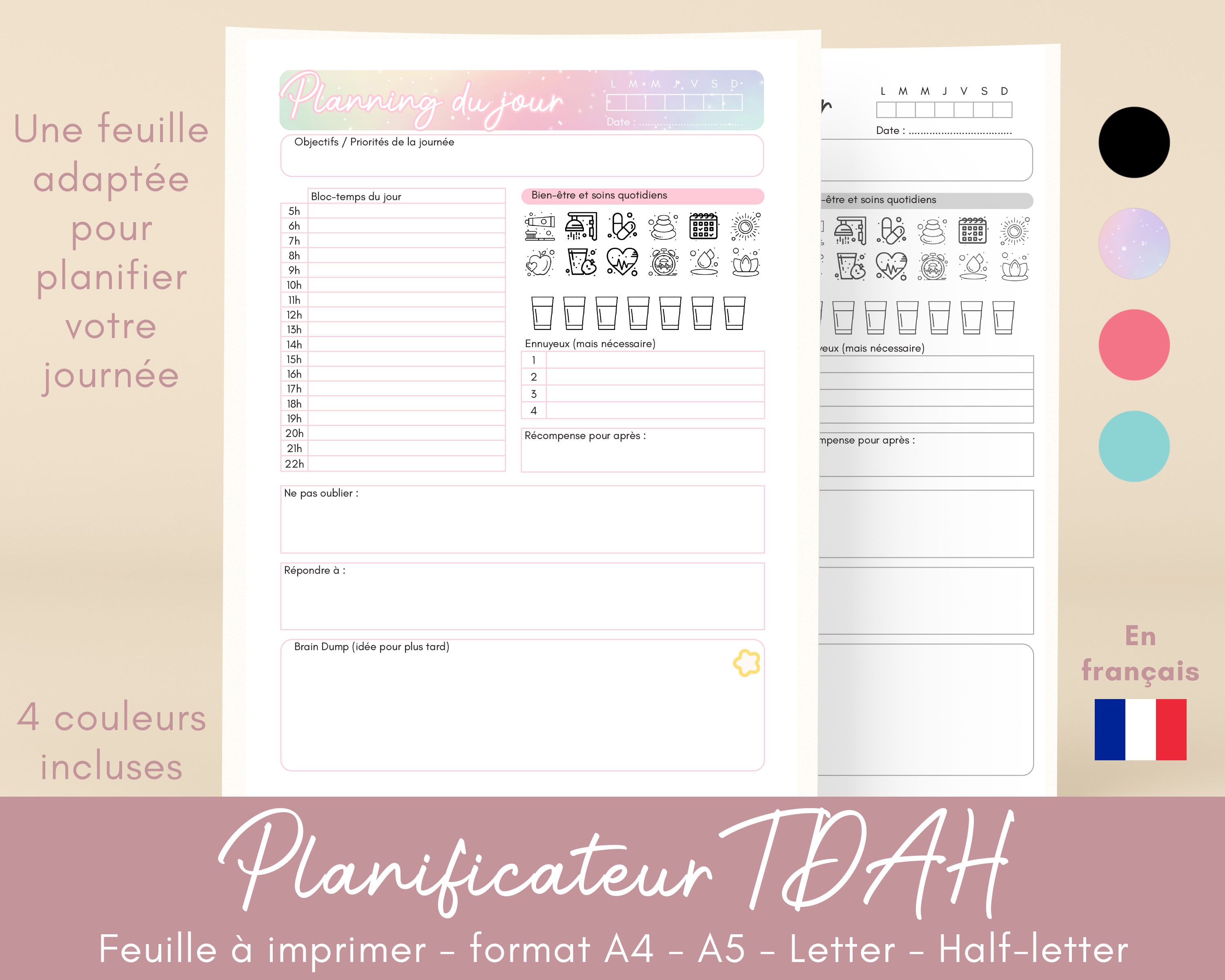 Feuilles de planning TDAH, planificateur du jour en français, PDF à ...
