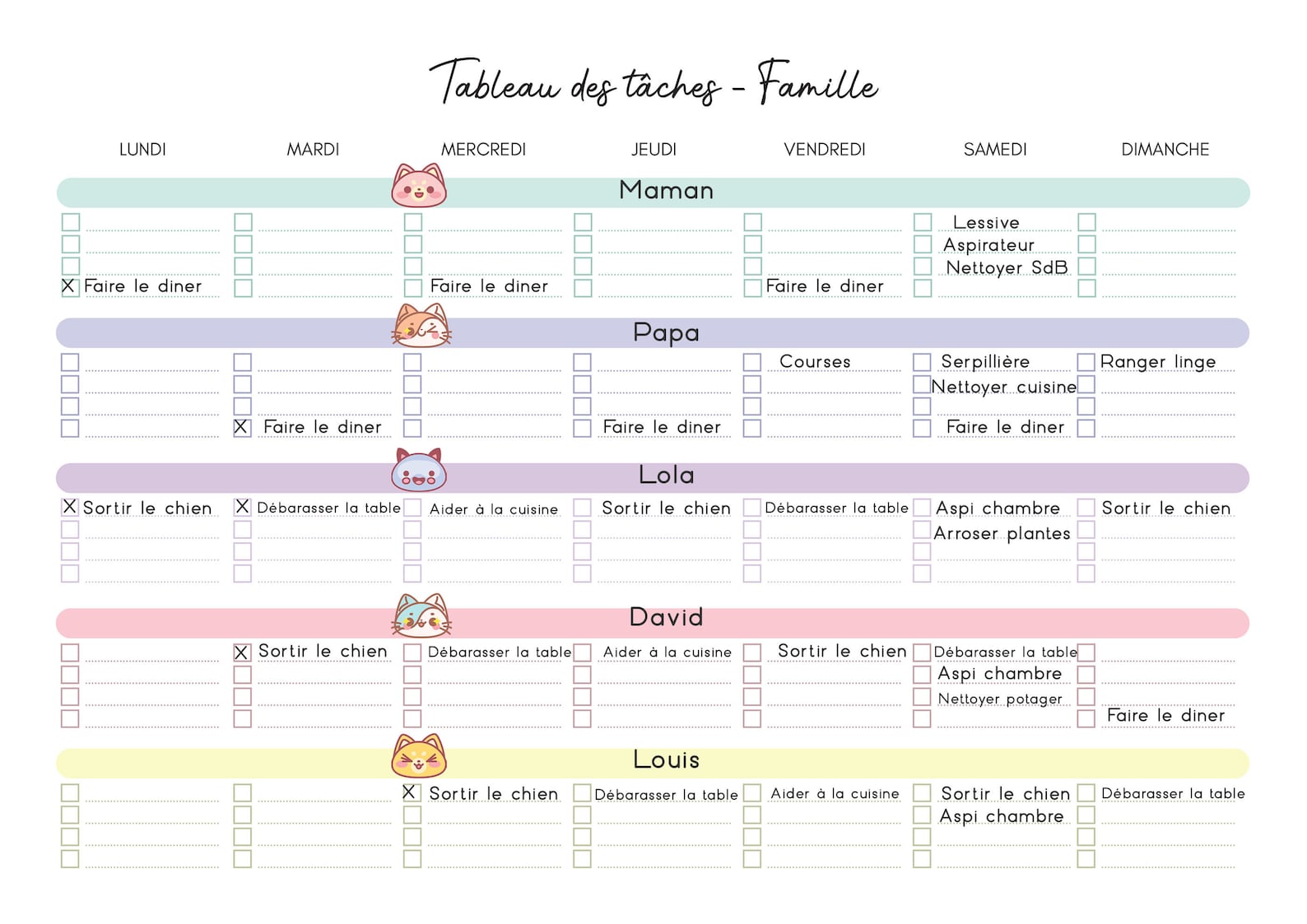 Tableau Familial Organisation Des Tâches Et Corvées Feuille - Etsy