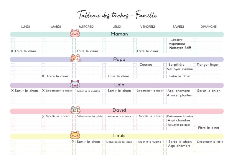 Tableau familial organisation des tâches et corvées, feuille A4 à ...