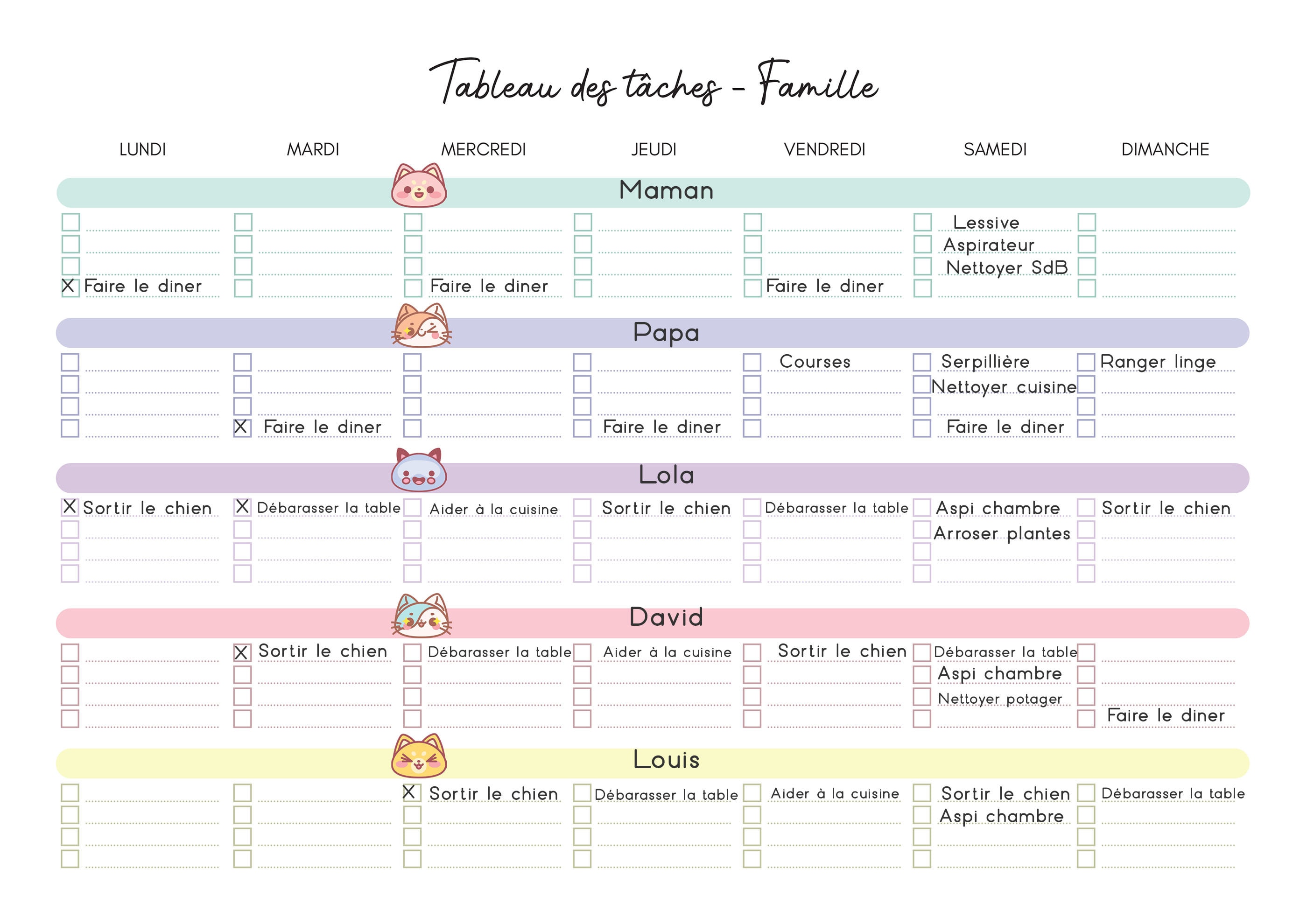 Family Table Organization of Tasks and Chores, A4 Sheet to Print ...
