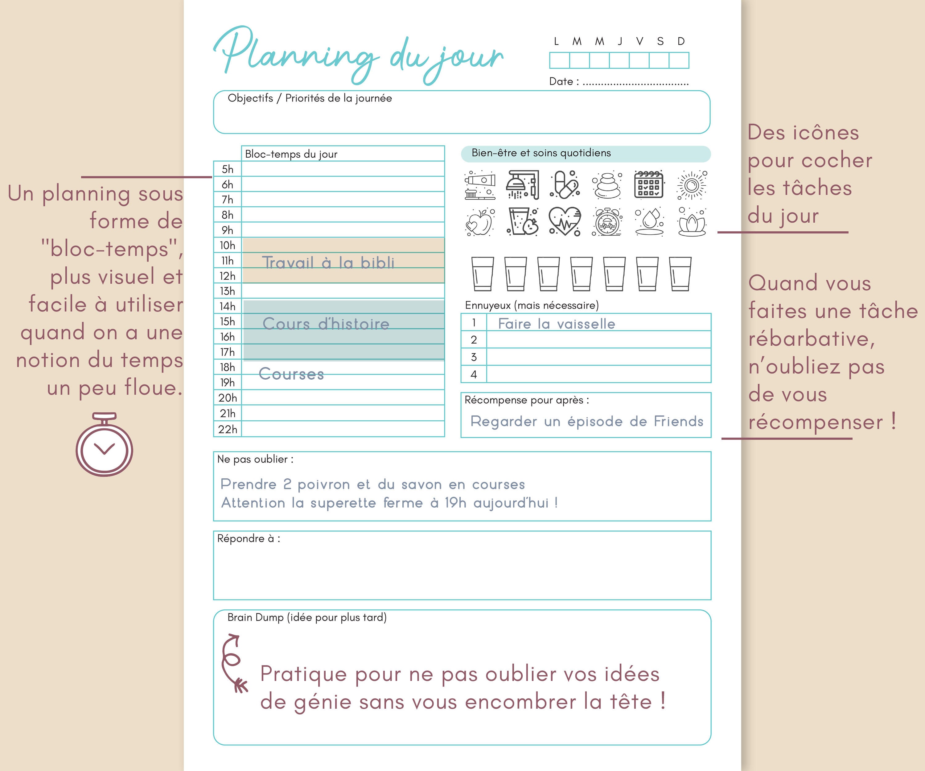 Feuilles de planning TDAH, planificateur du jour en français, PDF à ...
