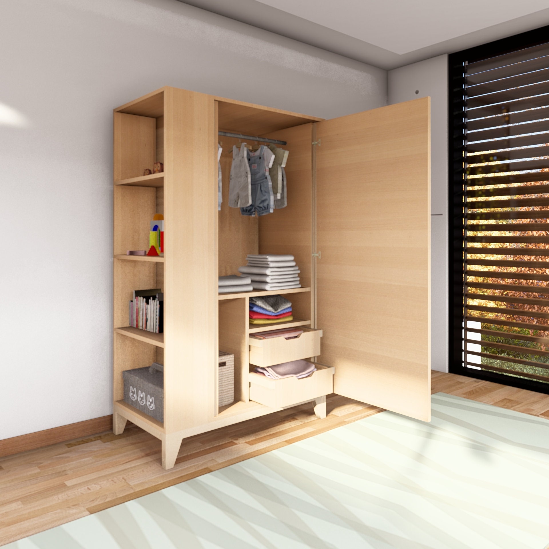 Dual-function Kids Wardrobe Plans, Open Shelving and Closed Cabinet ...