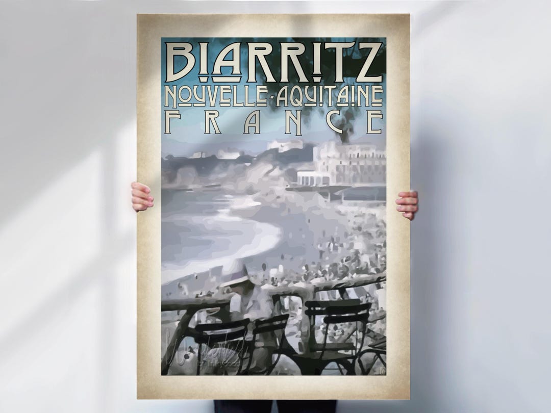Biarritz Travel Print - Aged Style - Art Deco Wall Art - France Travel ...