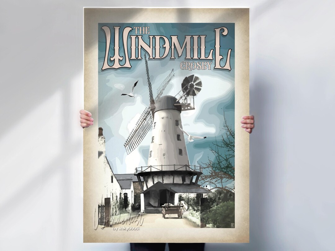 Crosby Travel Print, the Windmill Poster , Merseyside Travel Art , Aged ...