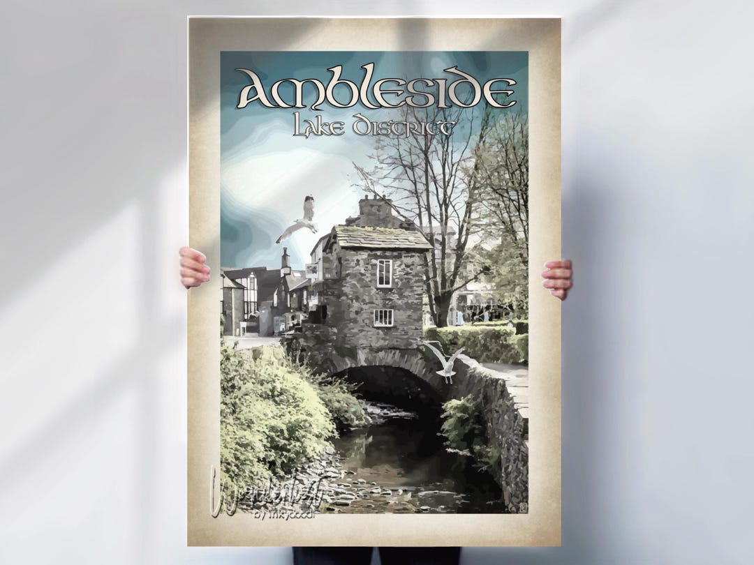 Ambleside Bridge House Art Print: Lake District Travel Poster, Aged ...