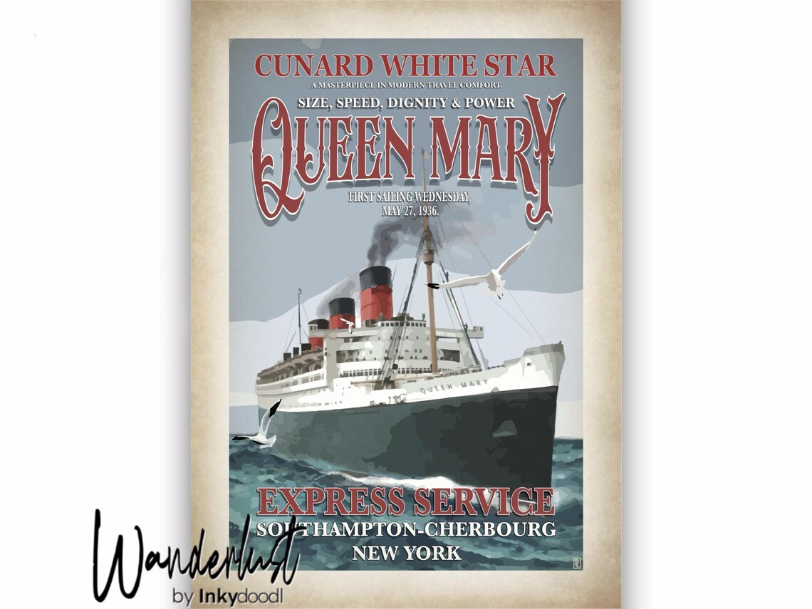 RMS Queen Mary Poster: Ocean Liner White Star Line, Nautical Travel ...