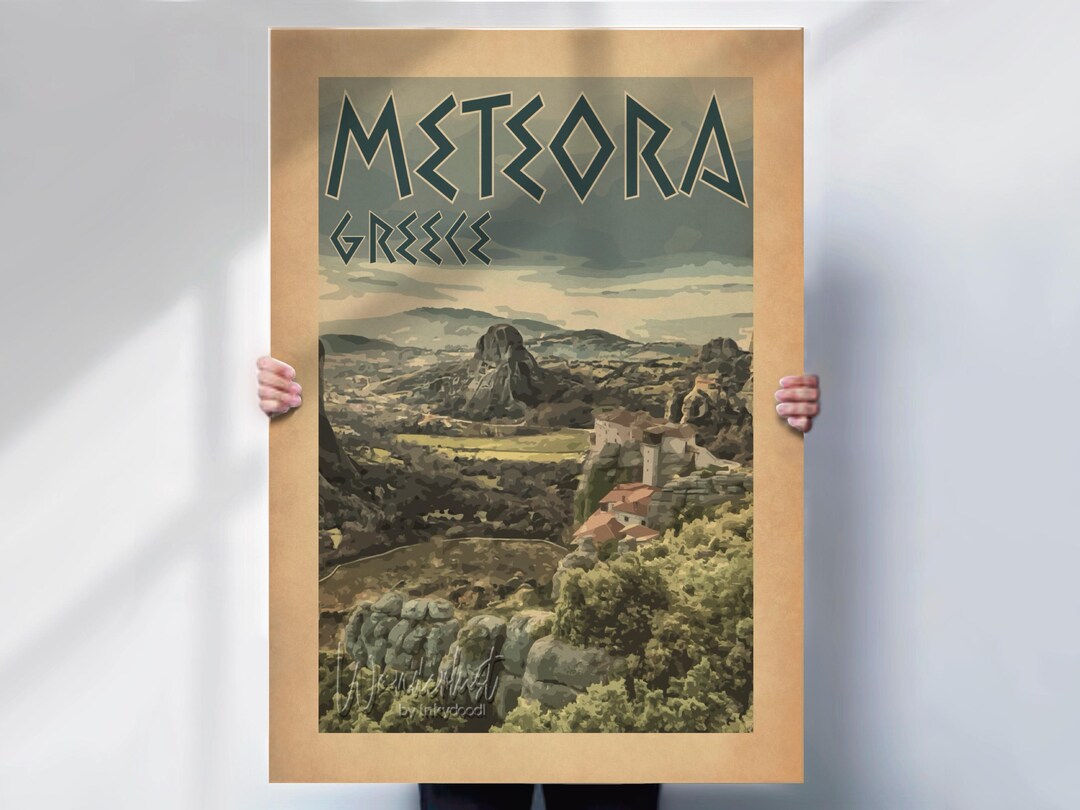 Greece Art Print , Meteora , Vintage Style Greek Art Poster , Greek ...