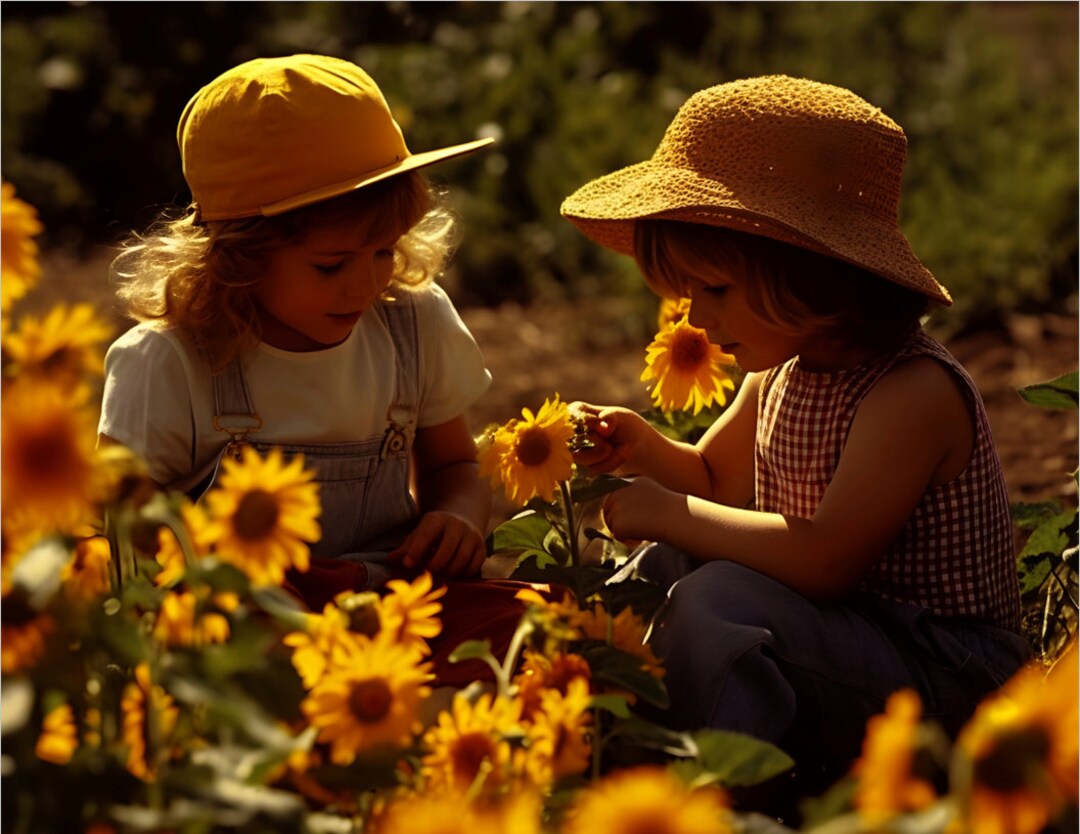 Children Playing Among Sunflowers, Kids Playing, Yellow Sunflowers Art ...
