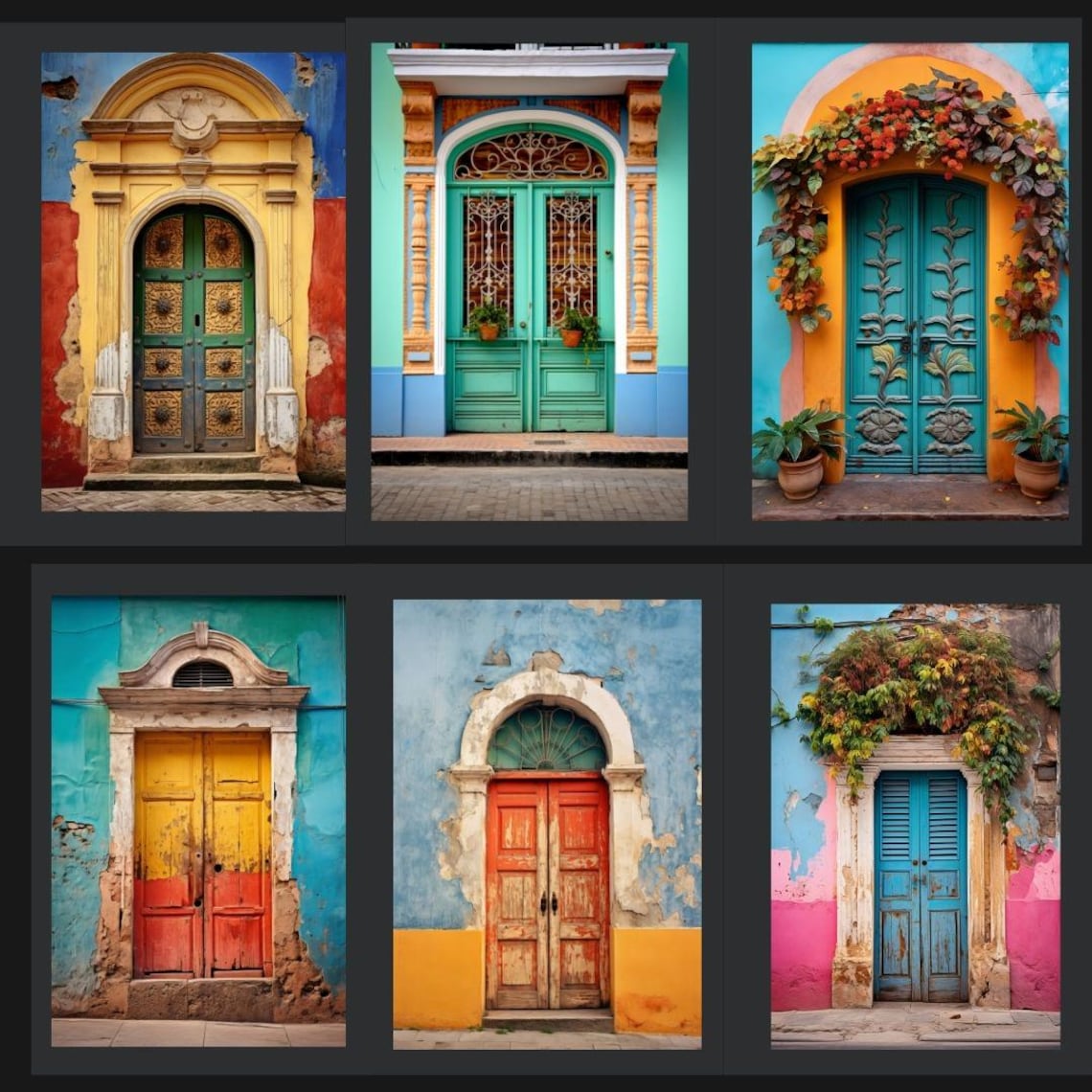 Set of 6 Old San Juan Doors Photograph Brightly Colored Door Image ...