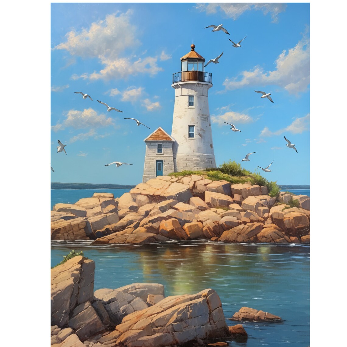 Vintage Lighthouse Landscape Painting, Coastal Seascape Print ...