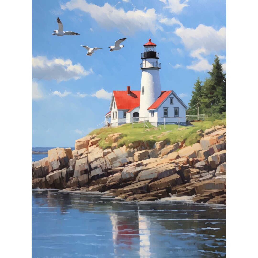 Vintage Lighthouse Landscape Painting, Coastal Seascape Print ...