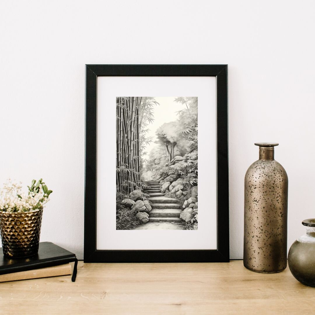 Bamboo Forest Drawing | Black and White Stepped Path (digital Download ...