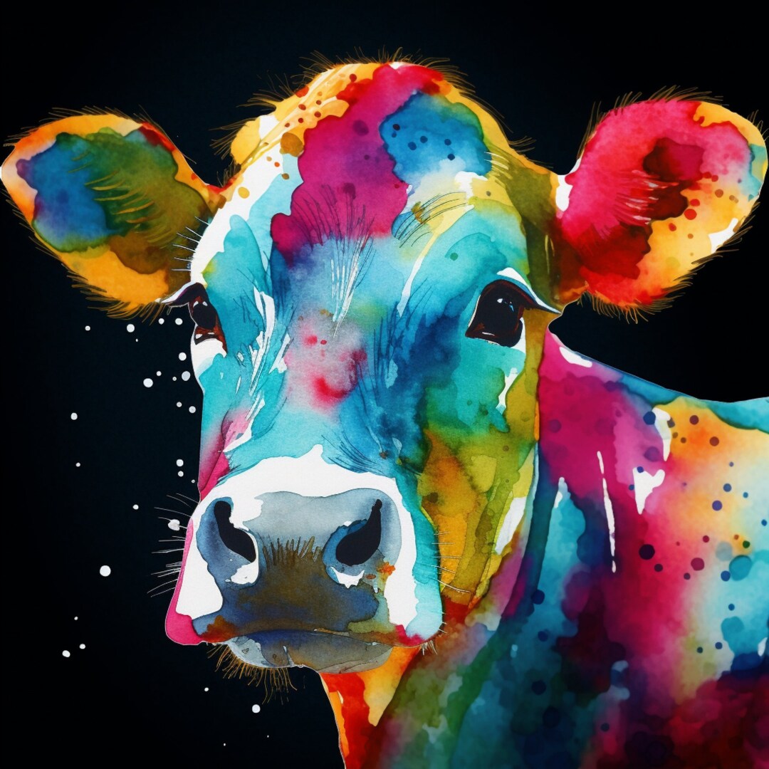 Cow Wall Art, Digital Download, Playful Cow Portrait, Watercolor ...