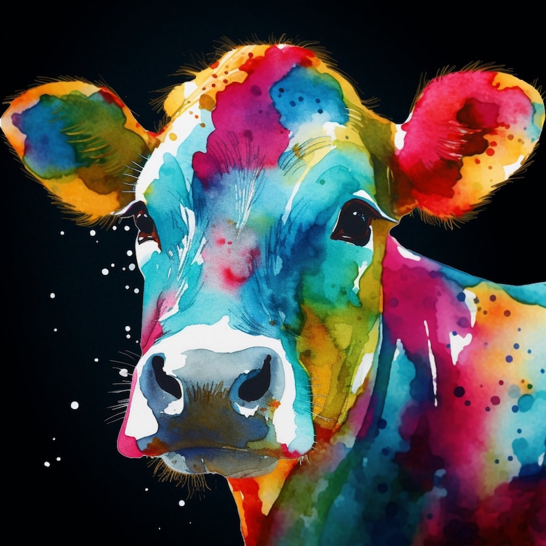 Cow Wall Art, Digital Download, Playful Cow Portrait, Watercolor ...