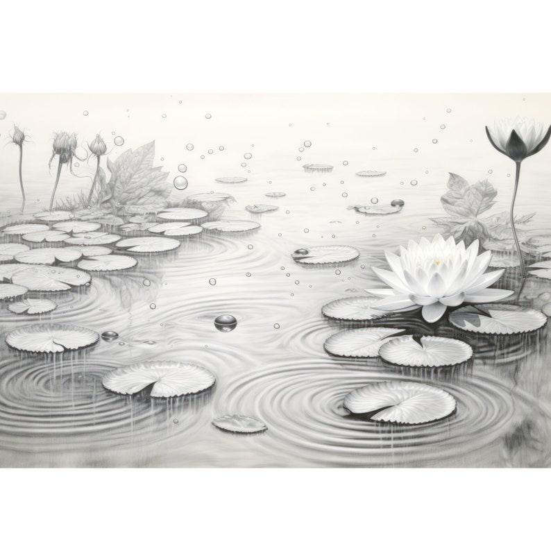 Lily Pad Digital Download Pencil Drawing of a Pond - Etsy
