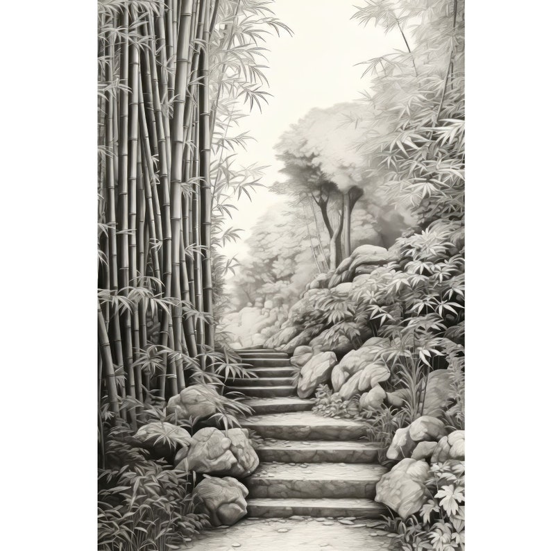 Bamboo Forest Drawing | Black and White Stepped Path (digital Download ...