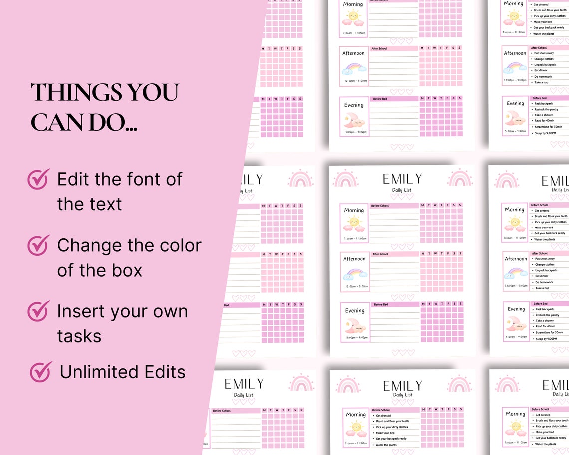 Daily Checklist Printable Kids Checklist Pink Chore Chart Daily Routine ...