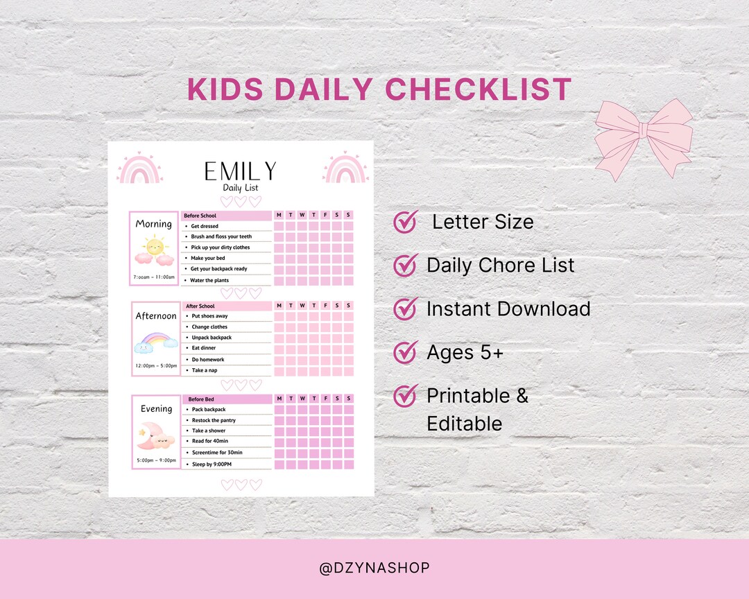 Daily Checklist | Printable | Kids Checklist | Pink Chore Chart | Daily ...