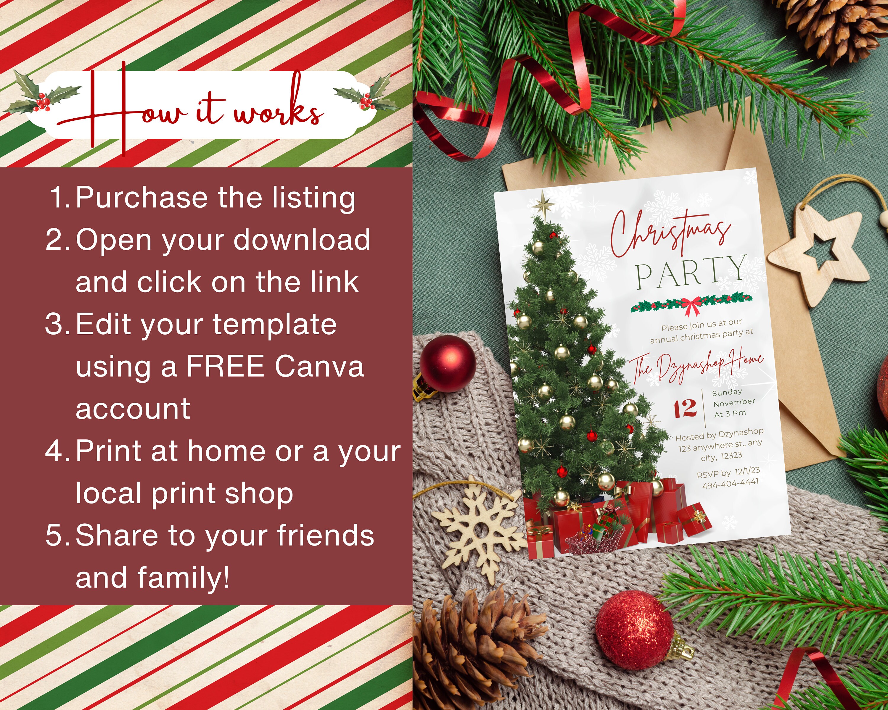 Christmas Party Invitation Template, Editable Cards, Xmas Family Party ...