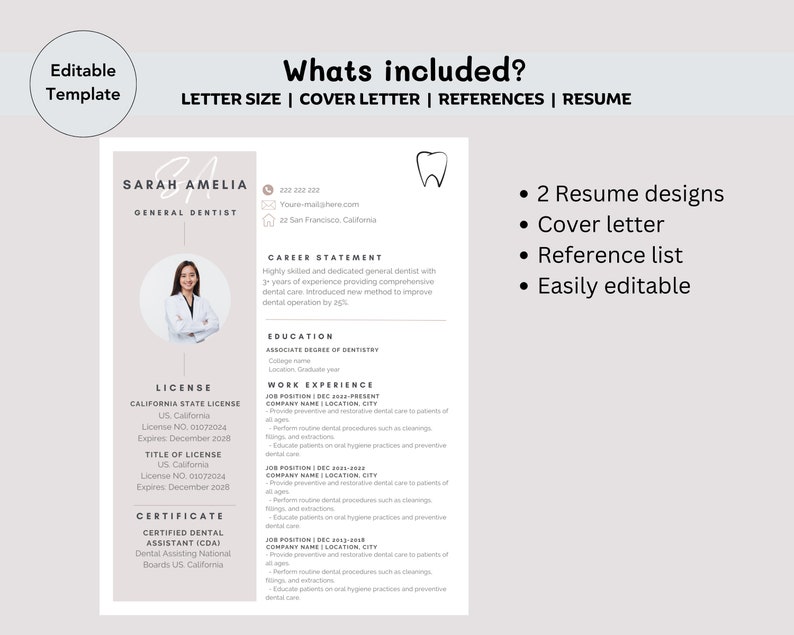 Dental Resume Template Editable Cover Letter Reference List General ...