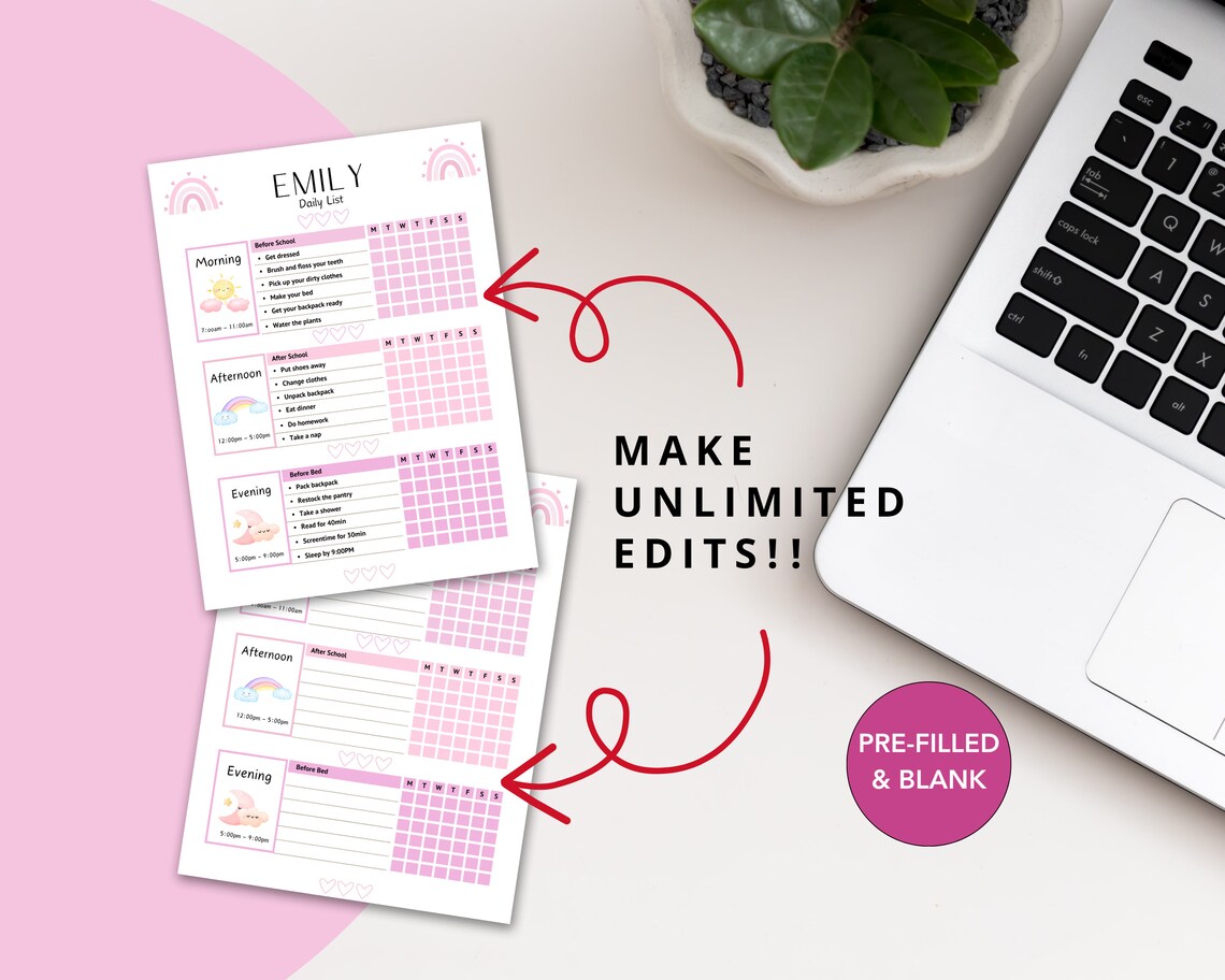 Daily Checklist Printable Kids Checklist Pink Chore Chart Daily Routine ...