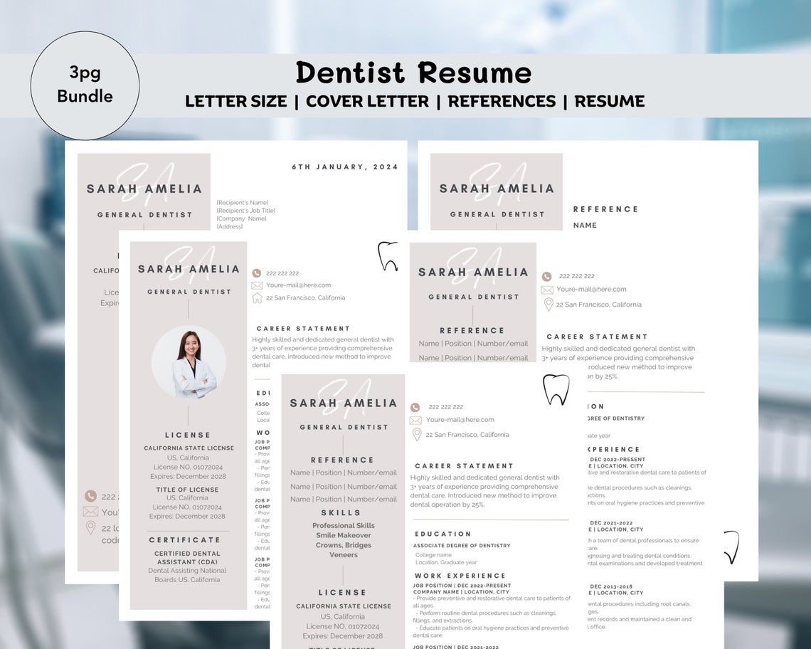 Dental Resume Template Editable Cover Letter Reference List General ...