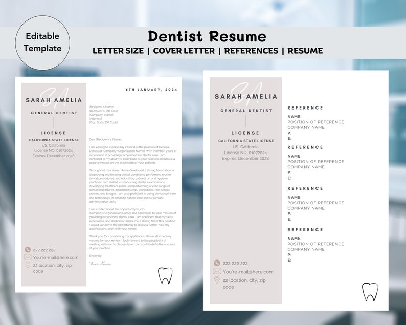 Dental Resume Template Editable Cover Letter Reference List General ...