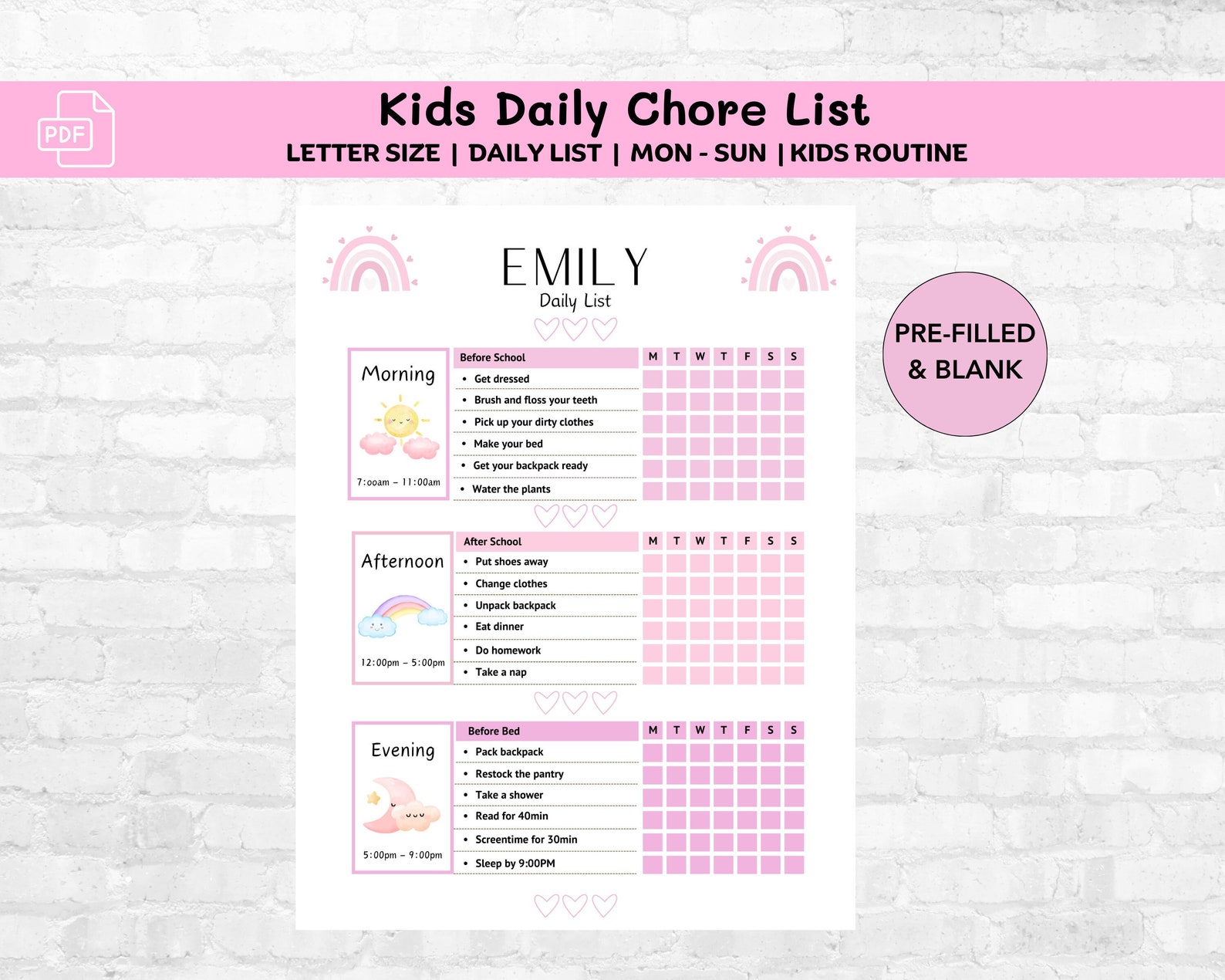 Daily Checklist | Printable | Kids Checklist | Pink Chore Chart | Daily ...