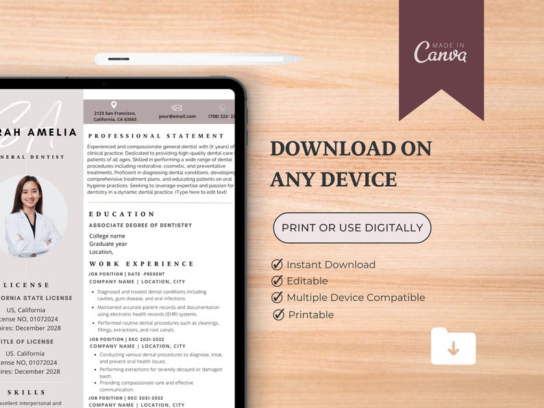 Dental Resume Template Editable Cover Letter Reference List General ...