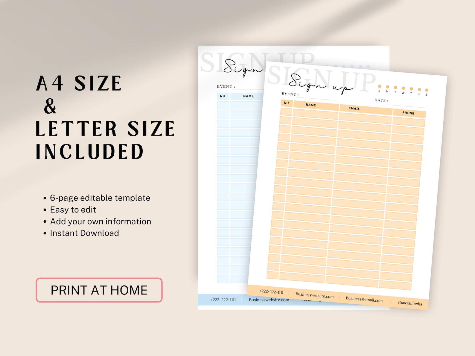 Editable Sign up Sheet Template, Printable Sign up Template, Sign up ...