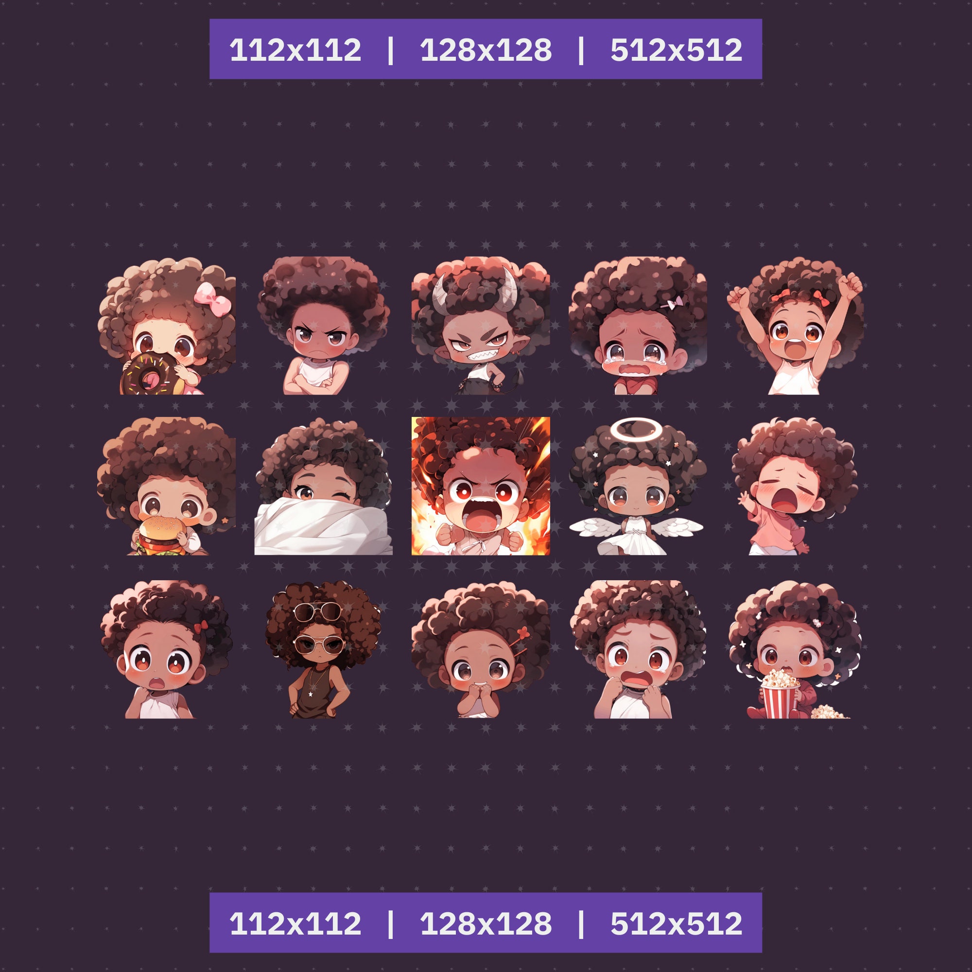 30 Twitch Emotes Girl Brown Afro Black Skin Emote Sticker Set, Bundle ...