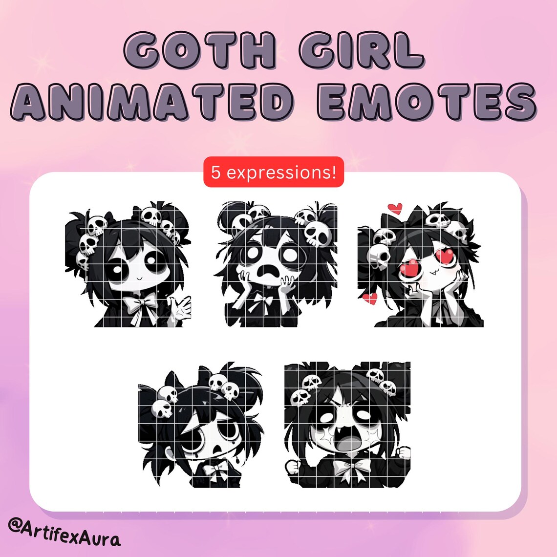 Animated Goth Girl Emotes: Kawaii Chibi Anime; Twitch, Discord (5 GIF ...