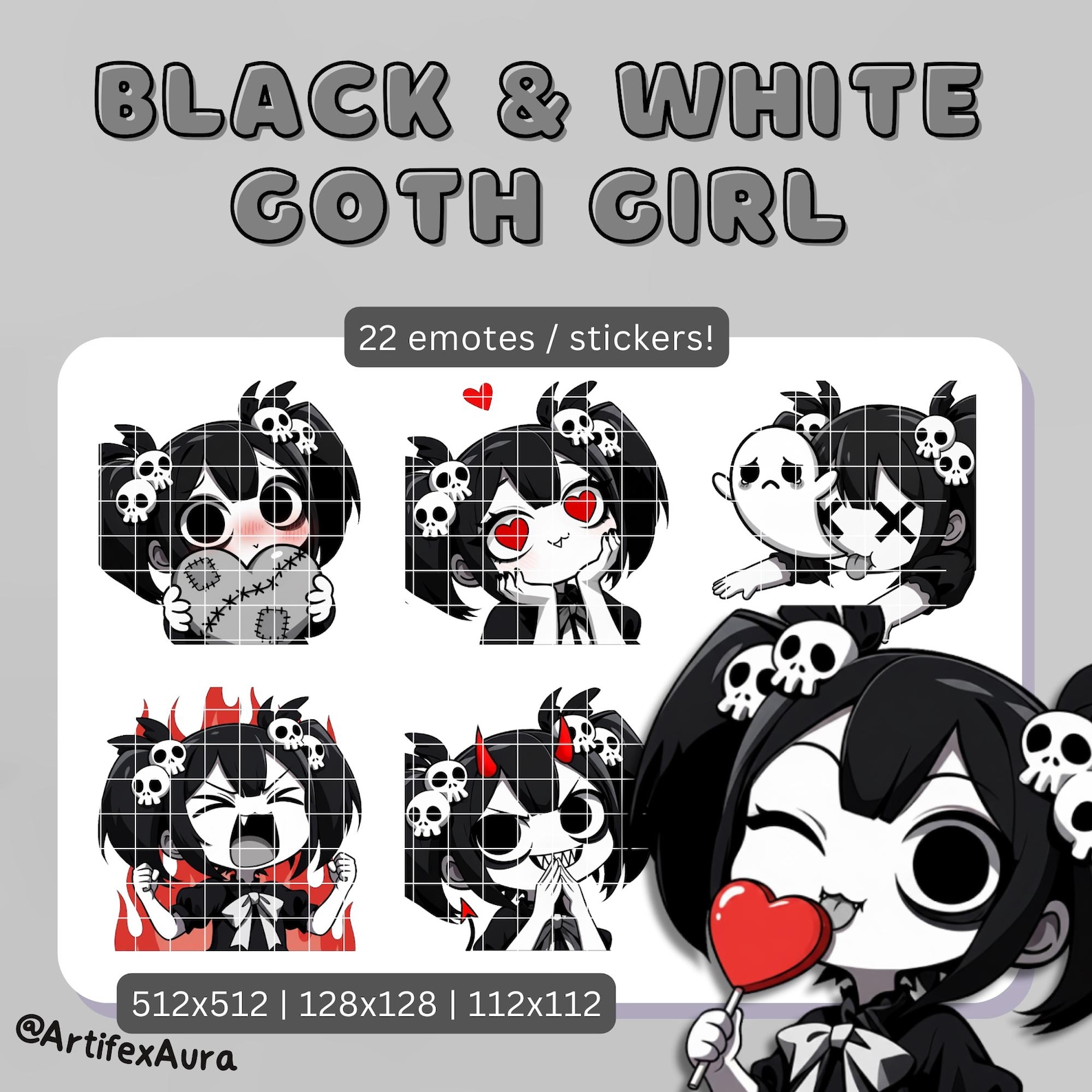 Black and White Goth Girl Twitch / Discord Emotes: Kawaii Chibi ...