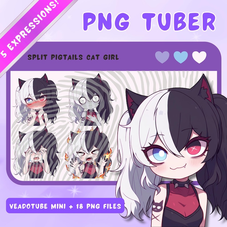 Black and White Haired Pngtuber Cat Girl - Anime / Chibi Premade Vtuber ...