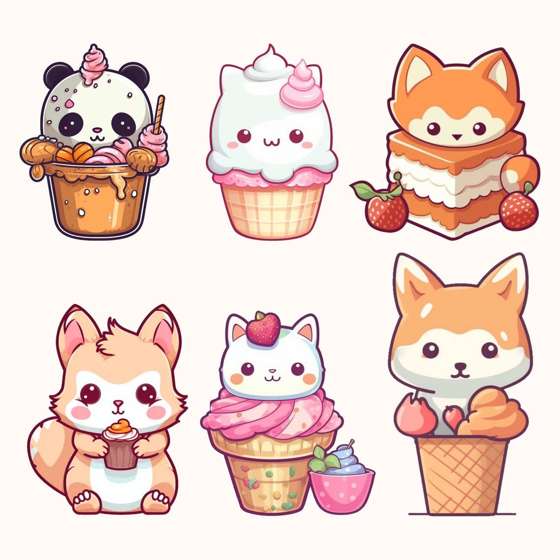 22 PNG SVG Kawaii Animal Desserts Clipart Bundle - Kawaii Clipart ...