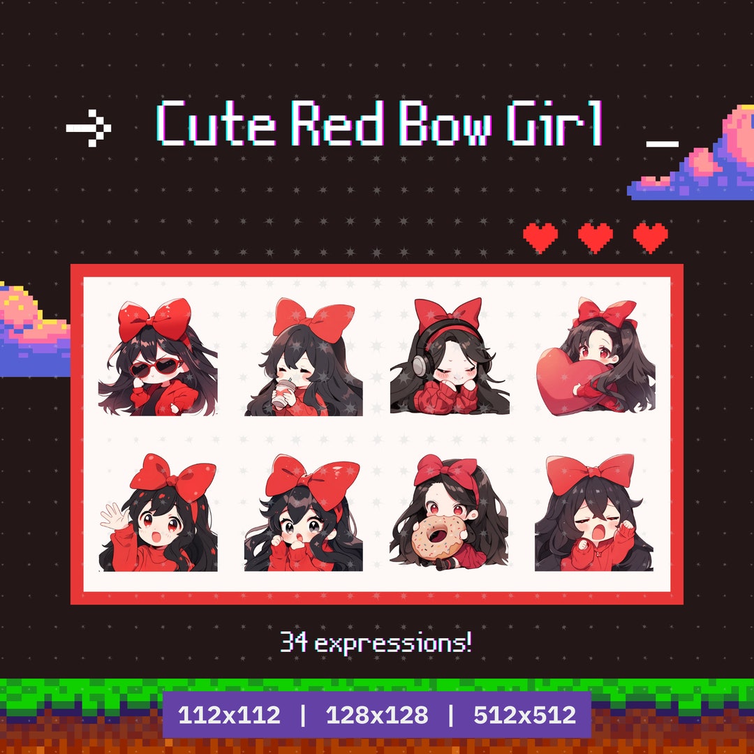 34 Twitch Emotes of a Girl With Black Hair and a Red Bow - Emote Set ...