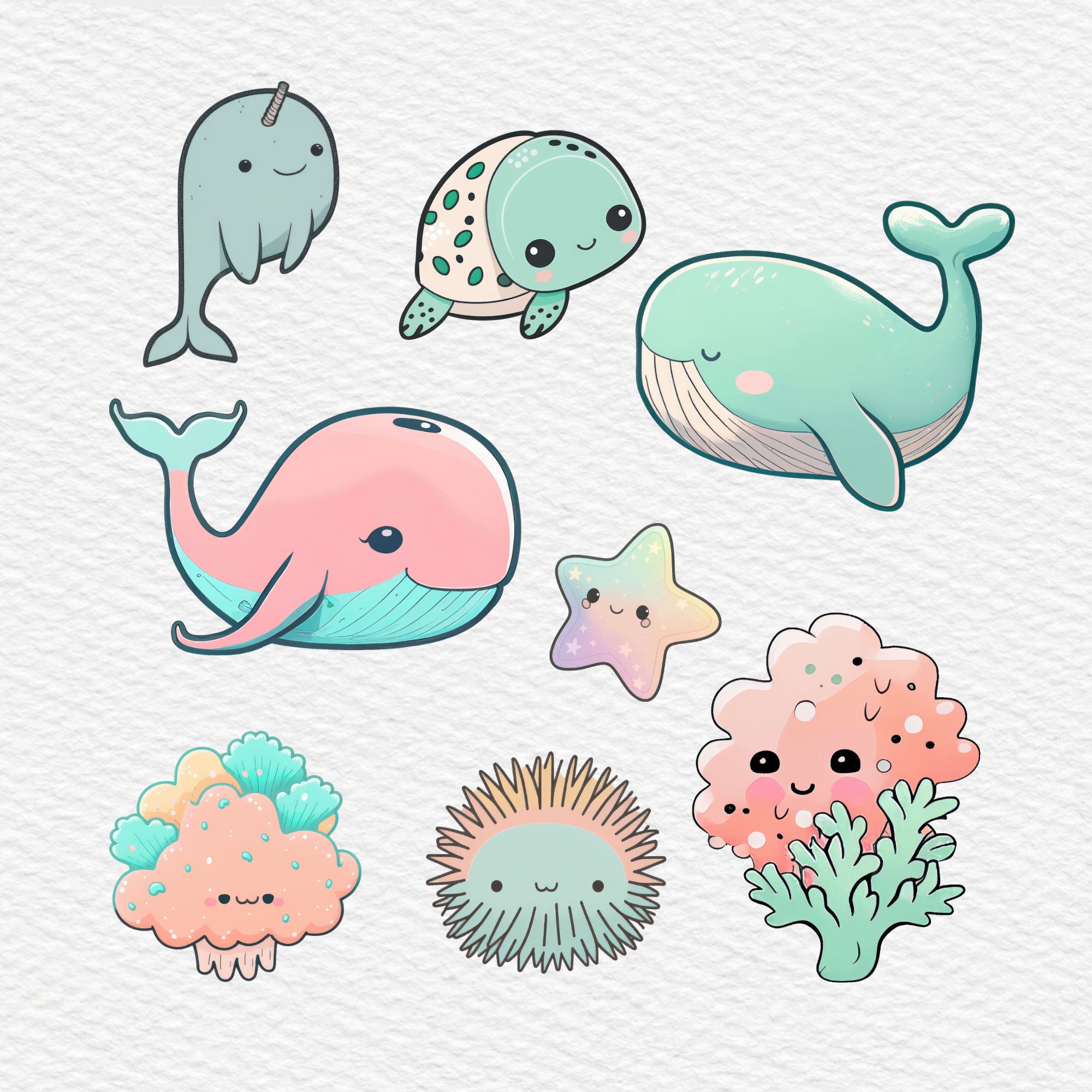 24 PNG SVG Kawaii Sea Creatures Clipart Set - Cute Clipart Animals ...