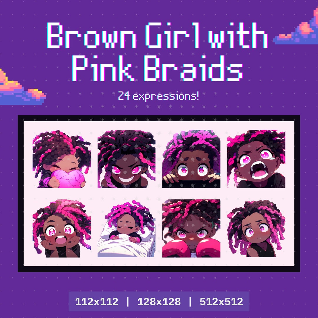 24 Twitch Emotes Girl Brown Pink Braids Black Skin - Emote Sticker Set ...