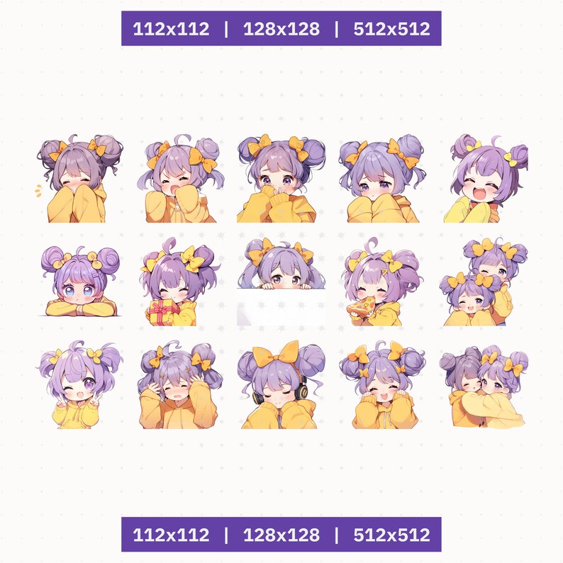 30 Twitch Emotes of a Girl With Purple Hair and Yellow Bows Emote Set ...