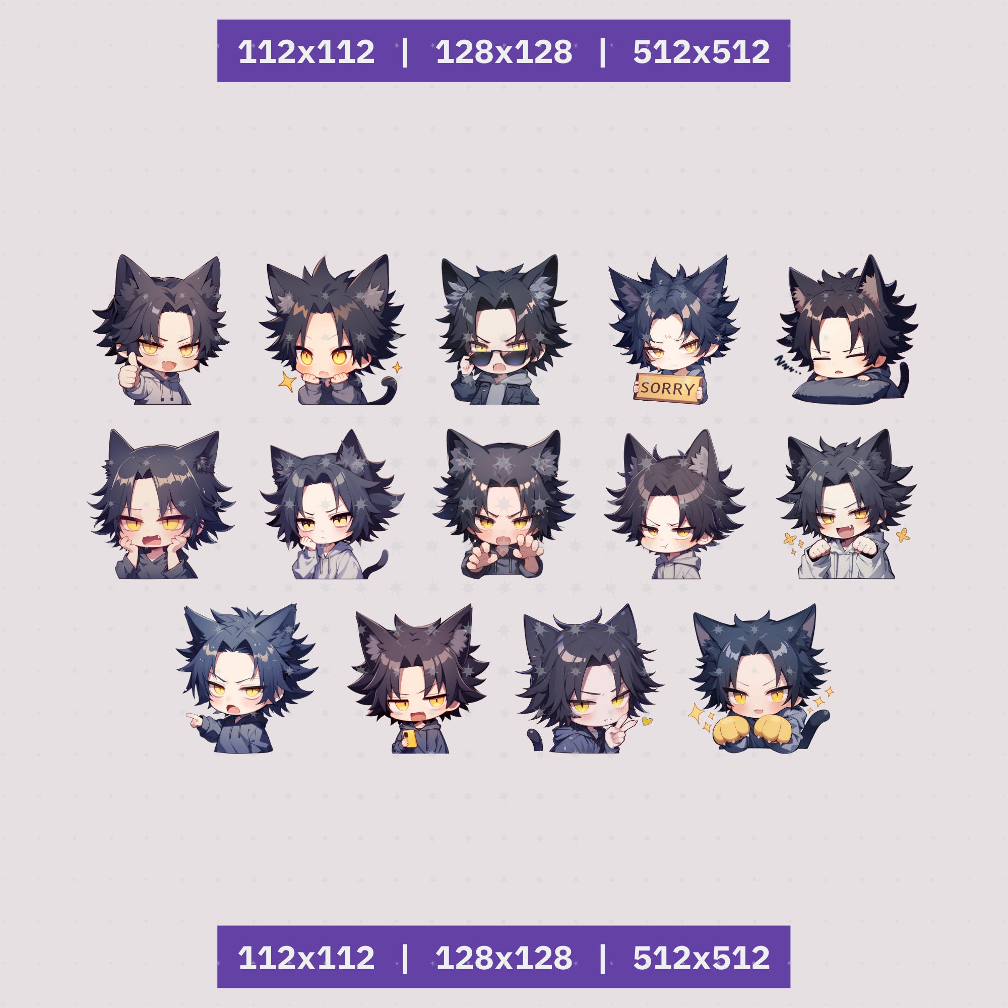 27 Twitch Emotes Black Haired Cat Boy Set, Bundle, Pack, Stickers ...