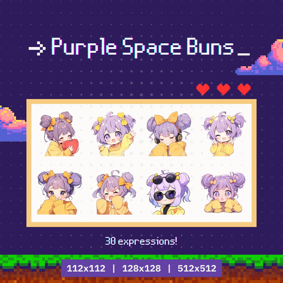 30 Twitch Emotes of a Girl With Purple Hair and Yellow Bows - Emote Set ...