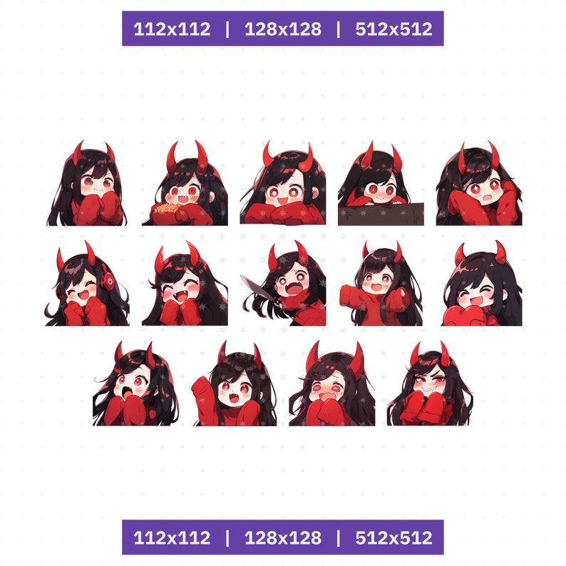 28 Twitch Emotes Girl Black Hair Demon Horns Emote Sticker Set, Bundle ...